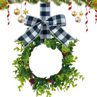 Generico Weihnachtskranz mit Schleife, Weihnachtskranz mit karierter Schleife, 29,5 cm, Weihnachtsdekoration f&uuml;r drinnen und drau&szlig;en, rustikaler T&uuml;rh&auml;nger f&uuml;r 