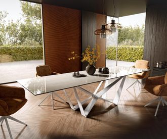 DELIFE Esstisch Edge 300x100 cm Keramik Onyx Champagne Spider Metall Wei&szlig;, Esstische