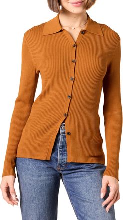 Amazon Essentials Damen Gerippter, feiner Stretch-Polo-Cardigan, Dunkles Karamell, XL