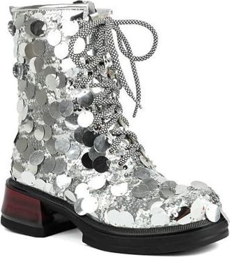 Generic Bottes de combat &agrave; paillettes pour femme - &Agrave; lacets - Bout rond - Plateforme - Talons &eacute;pais - Tendance - Pour lhiver - Pour f&ecirc;te et danse, Argent&eacute;., 3