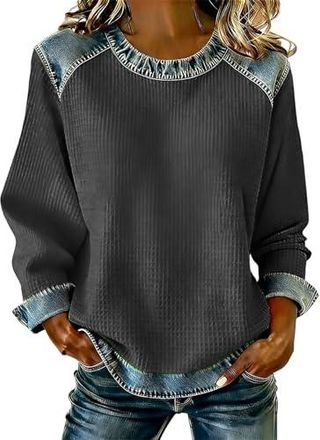 Generic Sweat-shirt &agrave; manches longues et col en jean pour femme - Haut d&eacute;contract&eacute; l&eacute;ger &agrave; manches longues - Pull tunique, gris fonc&eacute;, 5XL