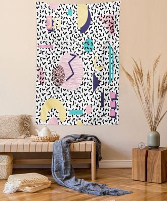 Abakuhaus 90er Jahre Wandteppich und Tagesdecke, Retro Geometrische Formen aus Weiches Mikrofaser Stoff Waschbar ohne Verblassen Digitaldruck, 140 x 230 cm,Navy