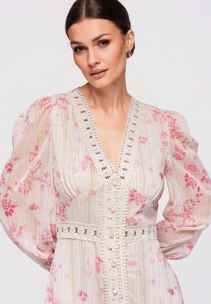 Ombre Abendkleid Damen Maxikleid V-Ausschnitt Spitze Elegant Ecru L (kein Set, 1-tlg)