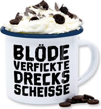 Shirtracer Emaille Tasse Blechtasse - Statement - Blöde verfickte Drecksscheisse - 300 ml - Weiß Blau - statements sprüche tassen frohes neues jahr mit spruch mu
