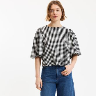La Redoute Collections Blouse Col Rond &Agrave; Carreaux Manches Courtes Ballon
