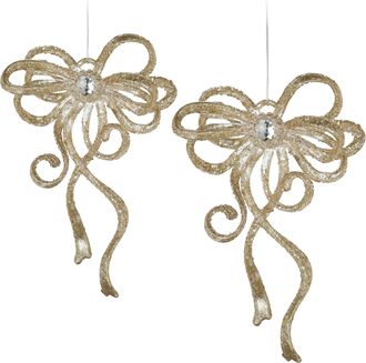 Com-Four 2X Christbaumschmuck in Schleifenform - Weihnachtsdeko in festlichen Farben - Glitzernde Anhänger für das Weihnachtsfest (goldfarben - Schleife)