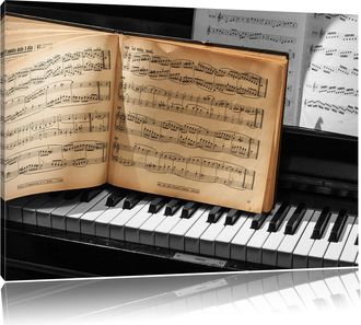 Pixxprint antikes Notenbuch auf Piano B&W, Größe: 100x70cm, Leinwandbild, fertig gespannt, Wandbild, Dekoration, Kunstdruck, kein Poster