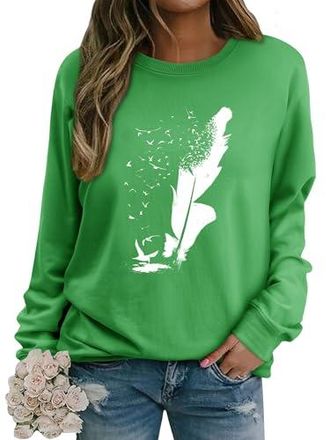Dresswel Pull pour femme - Imprim&eacute; plume - Sweat-shirt &agrave; manches longues - Col rond - Manches longues - Automne - Hiver - Hauts - Chemisier, M