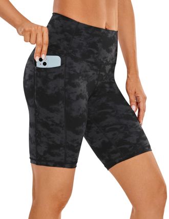 CRZ YOGA Naked Feeling Damen Radlerhose mit Taschen Hohe Taille Yoga Shorts Kurze Sporthose Sport Leggings Sportshorts - 20cm Der Rauchtintennebel 42