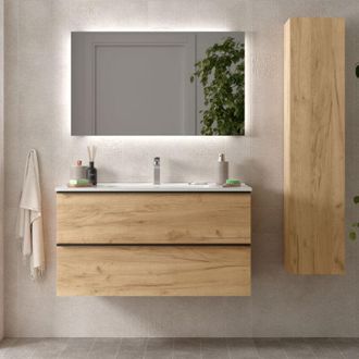 Cygnus Bath Meuble salle de bain - 100 CM - avec plan vasque - Effet ch&ecirc;ne brut - poign&eacute;es noires - A suspendre - ARUBA