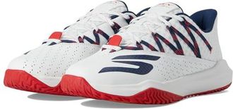 Skechers Mens Viper Court Rally Sneaker, Blanc, Bleu Marine, Rouge., 44 EU