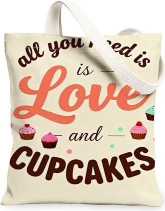 Generic Sacs fourre-tout en toile avec motif de friandises, sacs d&eacute;picerie r&eacute;utilisables, d&eacute;contract&eacute;s, vintage, l&eacute;gers et lavables, beige, 13x15 Inch