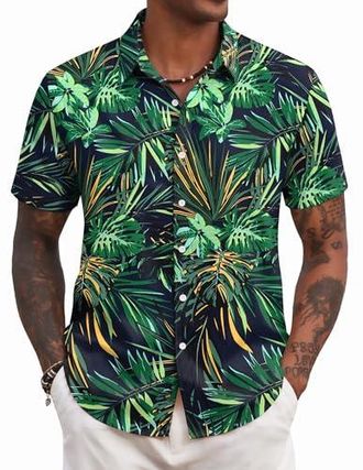 Coofandy Chemise Hawaienne Homme Chemise a Fleur Chemises Manche Courte Plage Chemises Ete Feuilles Vertes 3XL