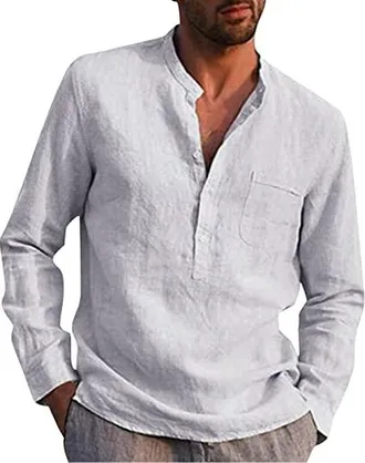 Generic Chemise Henley pour homme : chemise Henley décontractée en coton léger, coupe droite, couleur unie, manches longues, col montant boutonné, avec poche 