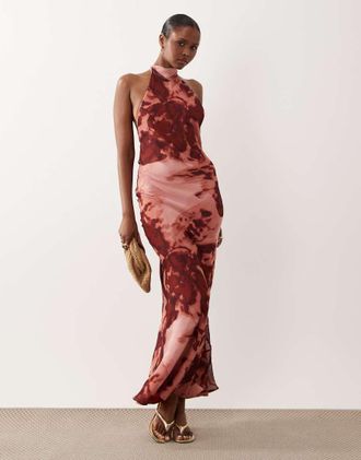 Asos Robe longue &agrave; imprim&eacute; abstrait et encolure am&eacute;ricaine nou&eacute;e-multicolore