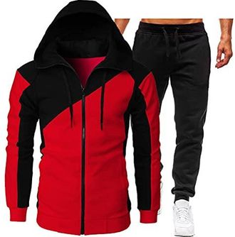 ORANDESIGNE Survêtement Homme Ensemble Manches Longues Zipper Sweat-Shirt à Capuche et Pantalon de Sport Jogging Ensemble de Survêtement 2 Pièces A Rouge XL