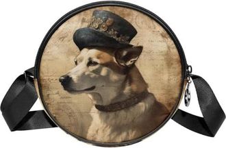 Generic Sac &agrave; bandouli&egrave;re rond pour femme, motif chien vintage, petit sac &agrave; bandouli&egrave;re avec fermeture &eacute;clair, bretelles r&eacute;glables, sac &agrave; main rond d&eacute;contract