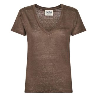 MC2 Saint Barth Femme, Tops, Brun, Taille: 38 FR Eloise T-shirt en lin &agrave; col en V