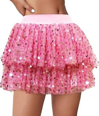 Generic Jupe en mousseline de soie pour femme - Couleur unie - Mini jupe de danse &agrave; bulles - Jupe courte - Jupe de lit double avec pompons, rose, Taille uniqu