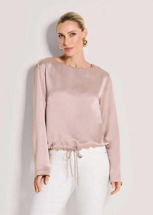 Madeleine Langarmbluse Schlupfbluse mit Tunnelzug und Bindeband Glanzbluse mit Rundhalsausschnitt und langen &Auml;rmeln