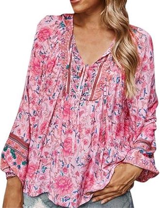 Generic Tunique tendance en gaze de style bohème pour femme - Col en V - Graphique floral brodé - Printemps hippie - Volants sur le devant - Coupe ample - Man