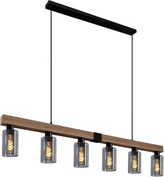 Globo Lighting Hängelampe Pendelleuchte Holzoptik Esstischlampe 6 flammig Wohnzimmer, Rauchglas Metall schwarz, 6x E27, LxH 140x120 cm