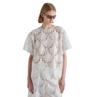 Meimeij Femme, Blouses et Chemises, Blanc, Taille: 40 FR Blusa Scollo Rotondo Orli Smerlati