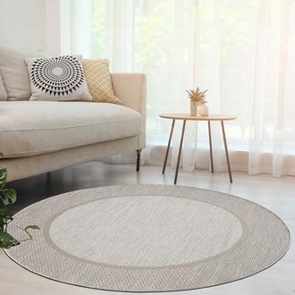 Paco Home Tapis Int&eacute;rieur & Ext&eacute;rieur Balcon Terrasse Cuisine Motif Ethnique Boho Moderne, Dimension:120 cm Rond, Couleur:Beige 7