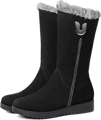 Generic Bottes de neige pour femme, bottes mi-mollet doubl&eacute;es en daim pelucheux, bottes dhiver confortables et d&eacute;contract&eacute;es avec fermeture &eacute;clair lat&eacute;rale po