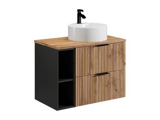 Vente-Unique Waschbeckenunterschrank hängend mit Ablagen & Aufsatzwaschbecken rund - Streifenoptik - Holzfarben hell - 80 cm - MADELA