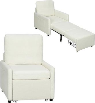 HOMCOM Fauteuil Convertible 1 Place, Fauteuil-lit en Polaire Teddy avec Rangement caché, Assise Large et rembourrée, Poches latérales, Coussin, canapé-lit po