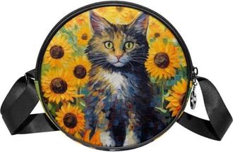 Generic Petit sac &agrave; bandouli&egrave;re rond pour femme, motif tournesols et chats, avec fermeture &eacute;clair, bretelles r&eacute;glables, sac &agrave; main rond d&eacute;contract&eacute; pour femme