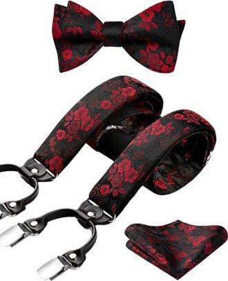 Hisdern Bretelles Homme 6 clips Brace ajustables élastiques Noeud papillon mouchoir