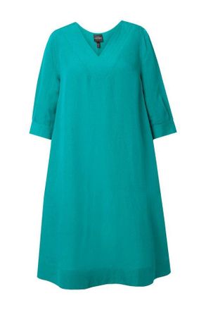Ulla Popken Midikleid Leinenmix-Midikleid A-Linie V-Ausschnitt 3/4-Arm
