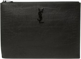 Saint Laurent Pre-owned Pochette en Cuir Effet Croco - Femme - Pre-owned - Noir - Taille: ONE Size