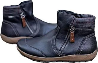 Minetom Botte Femme Hiver PU Cuir Bottines Plates Boots Chaudes Chaussures Zipper Baskets Boots Courtes Vintage Ankle Boots A Noir 43 EU