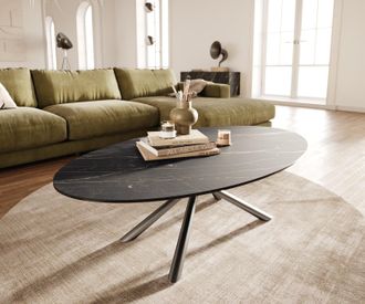 DELIFE Couchtisch Edge Oval 140x80 cm Keramik Laminam Noir Desir Braun Sarity Edelstahl geb&uuml;rstet, Couchtische