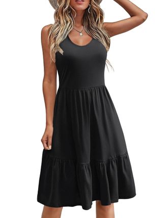 Zeagoo Damen Kleid Kurz &Auml;rmellos Boho Strandkleid Casual Sommerkleid mit Taschen Rundhalsausschnitt Minikleid Schwarz XL