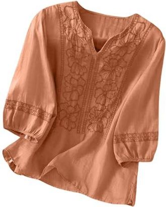 Generic Chemise &agrave; manches courtes en lin de style boh&egrave;me pour femme - Chemisier d&eacute;t&eacute; floral brod&eacute; - Tunique &agrave; volants pour femmes &acirc;g&eacute;es - Tendance - Dentelle 