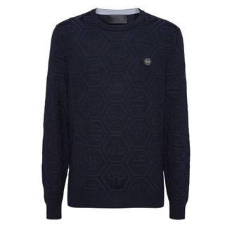 Philipp Plein Pullover Rundhals Monogram - - Knitwear - Herren - Blau - 4XL