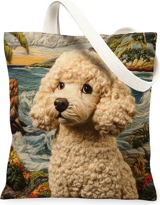 Generic Sac fourre-tout en toile fantaisie caniche pour le shopping 33 x 38 cm, sac d&eacute;picerie r&eacute;utilisable pour femme, peinture danimaux domestiques, d&eacute;corati