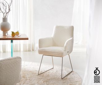 DELIFE Esszimmerstuhl Heira-Flex mit Armlehnen Boucl&eacute; Wei&szlig; Kufengestell Edelstahl Taschenfederkern, Esszimmerst&uuml;hle