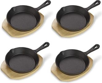 Echtwerk Servierpfannen Set aus Gusseisen, Mini Pfännchen mit Servierbrett, Kleine Grillpfanne, Bereits eingebrannt, Für Backöfen, Grill und BBQ geeignet, 4tlg