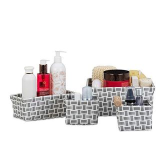 Relaxdays Bo&icirc;te de rangement lot de 4 paniers plastique salle de bain tress&eacute; cosm&eacute;tiques corbeille, blanc-gris