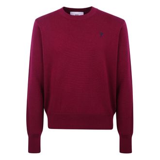 Ami Homme, Pulls, Rouge, Taille: XL Pull col rond en laine noire avec broderie logo