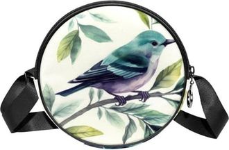 Generic Petit sac &agrave; bandouli&egrave;re circulaire pour femme, motif feuille doiseau aquarelle avec fermeture &eacute;clair, bretelles r&eacute;glables, sac &agrave; main rond d&eacute;contract&eacute;