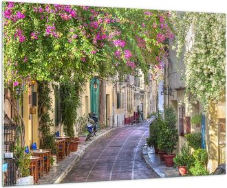 Arttor Bilder auf Glas 100x70cm Glasbild Straße dekoration blumen griechenland Groß Wanddeko Bild im Glas Schlafzimmer Küche Deko Wandbilder Dekoration Wohnz