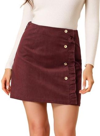 Allegra K Jupe Portefeuille en Velours côtelé Vintage pour Femmes avec Garniture à Volants et Taille Haute Bourgogne XXL