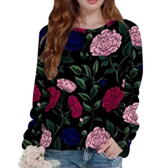 Generic Sweats r&eacute;tro &agrave; motif floral pour femme, col rond, manches longues, hauts &eacute;l&eacute;gants, pulls amples pour femme, v&ecirc;tements longs, Or rose, XXL