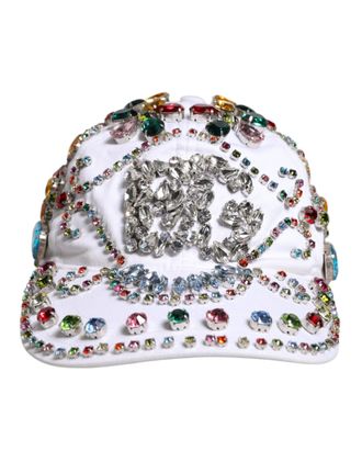 Dolce & Gabbana Mens White Multicolor Crystal Embellish Baseball Cap Cotton Elastane Accessory